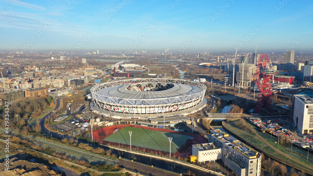 Aerial drone photo of iconic London Stadium in Queen Elisabeth park ...