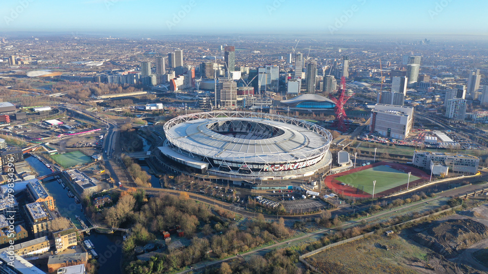 Aerial drone photo of iconic London Stadium in Queen Elisabeth park ...