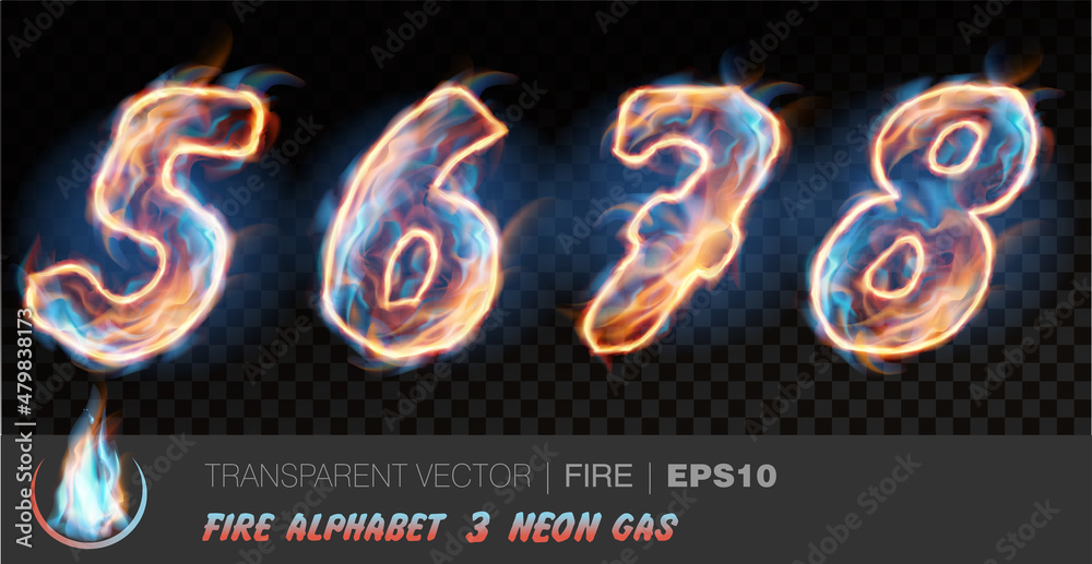 Alphabet of neon gas fire. Transparent realistic vector on dark ...