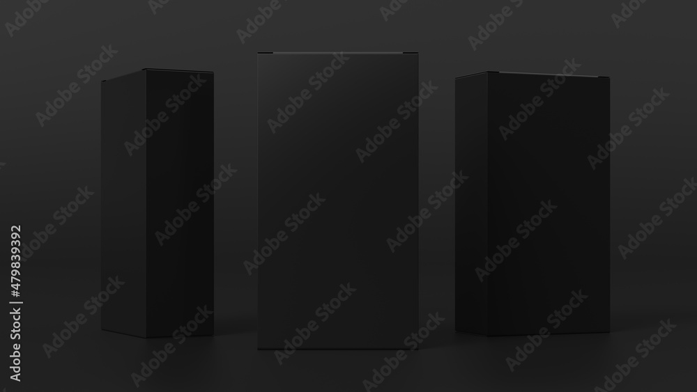 Gift box mock up: three flat, tall and wide black boxes on black ...