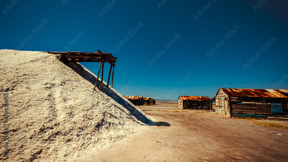 An old salt factory in the south of the Dominican Republic. Warehouses ...