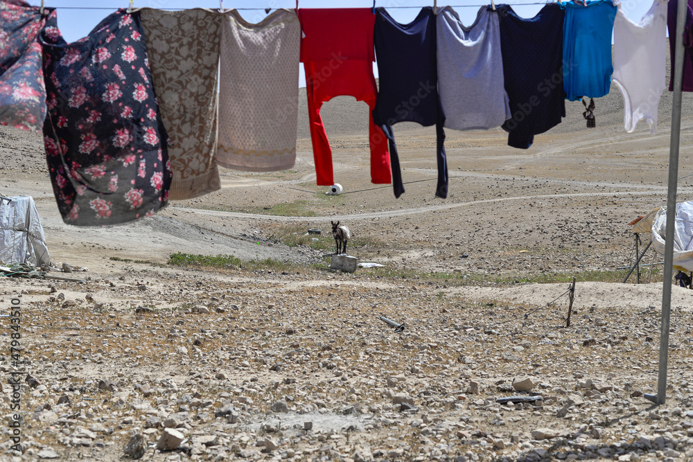 Laundry line with clothes in Bedouin village in Negev desert, Israel ...