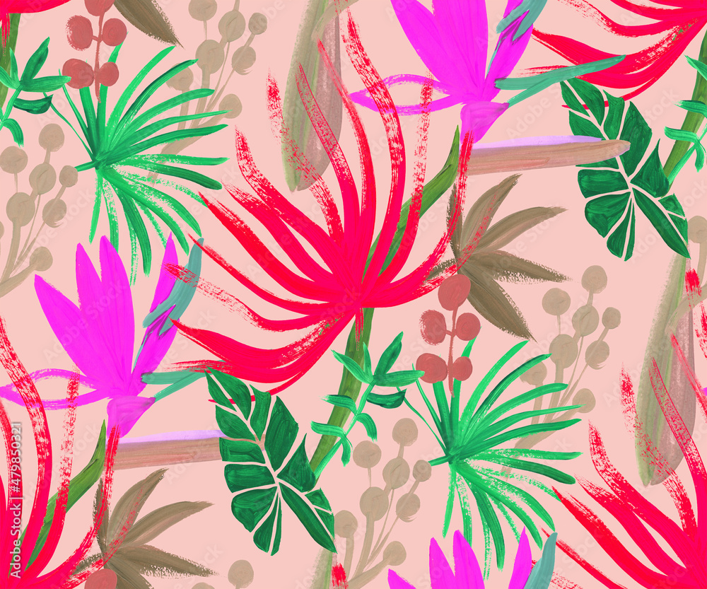Modern abstract botanical pattern with tropical leaves and korolek ...