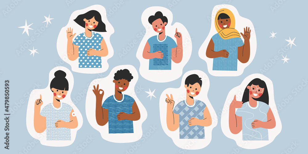 Sticker set of children boys and girls showing hi hello bye gesture ...
