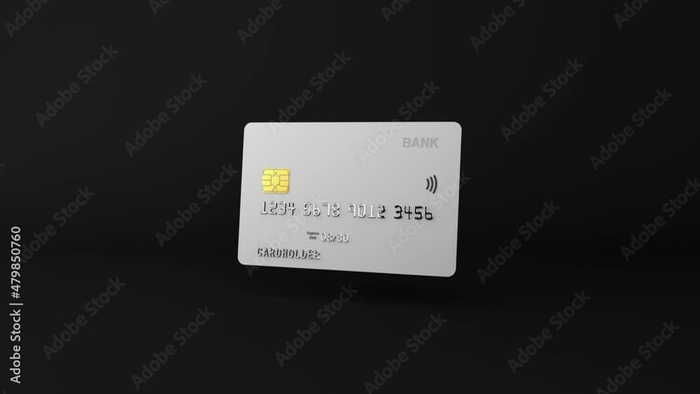 Spinning 3d white plastic credit debit card animation on black dark ...