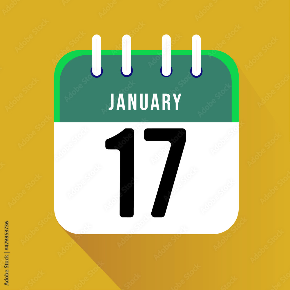January day 17. Number seventeen on a white paper with green border on ...