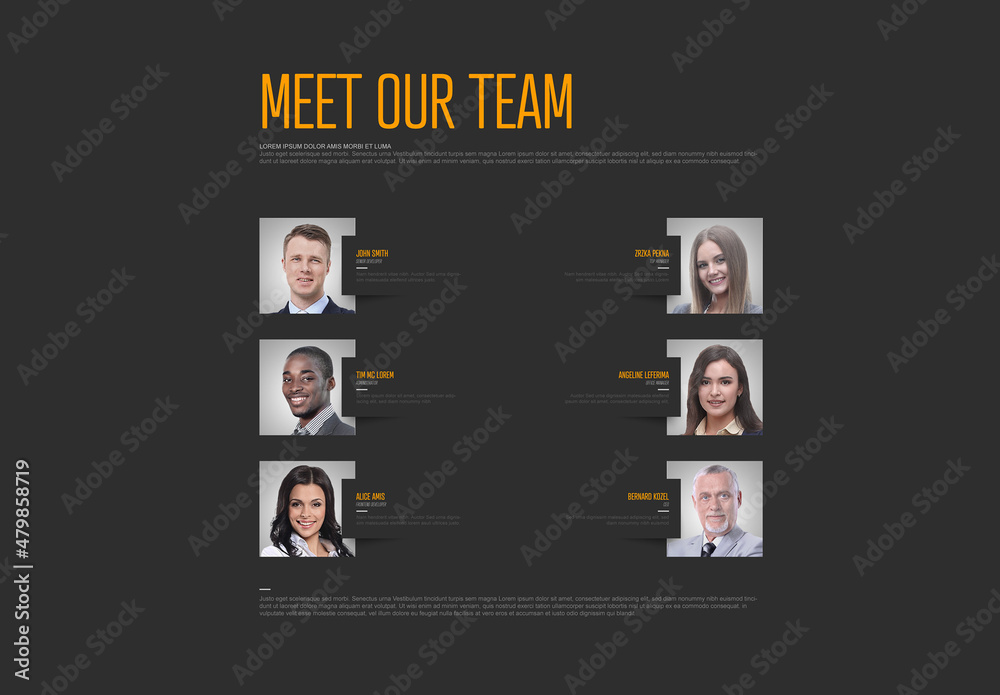 Meet Out Team Dark Presentation Page with Photos Stock Template | Adobe ...