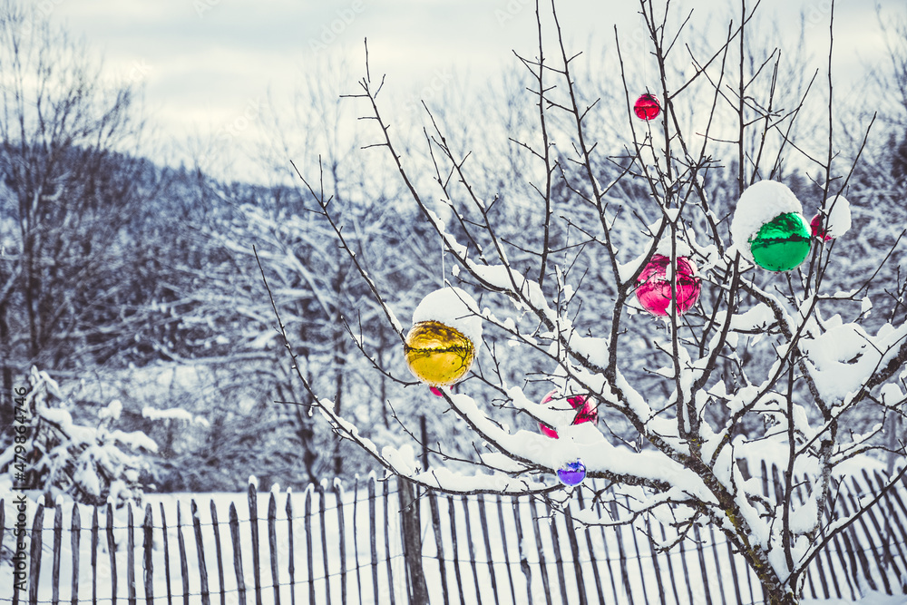 Bunte Christbaum im Winter für draussen, bunte Christbaumkugeln ...