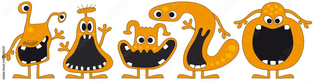 Lustige, ulkige Monster mit großen Eckzähnen und großem Maul, Cartoons ...