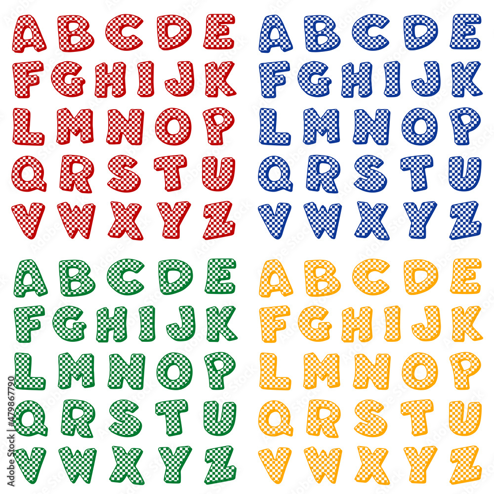 Alphabet, original design in bright red, blue, green and gold gingham ...