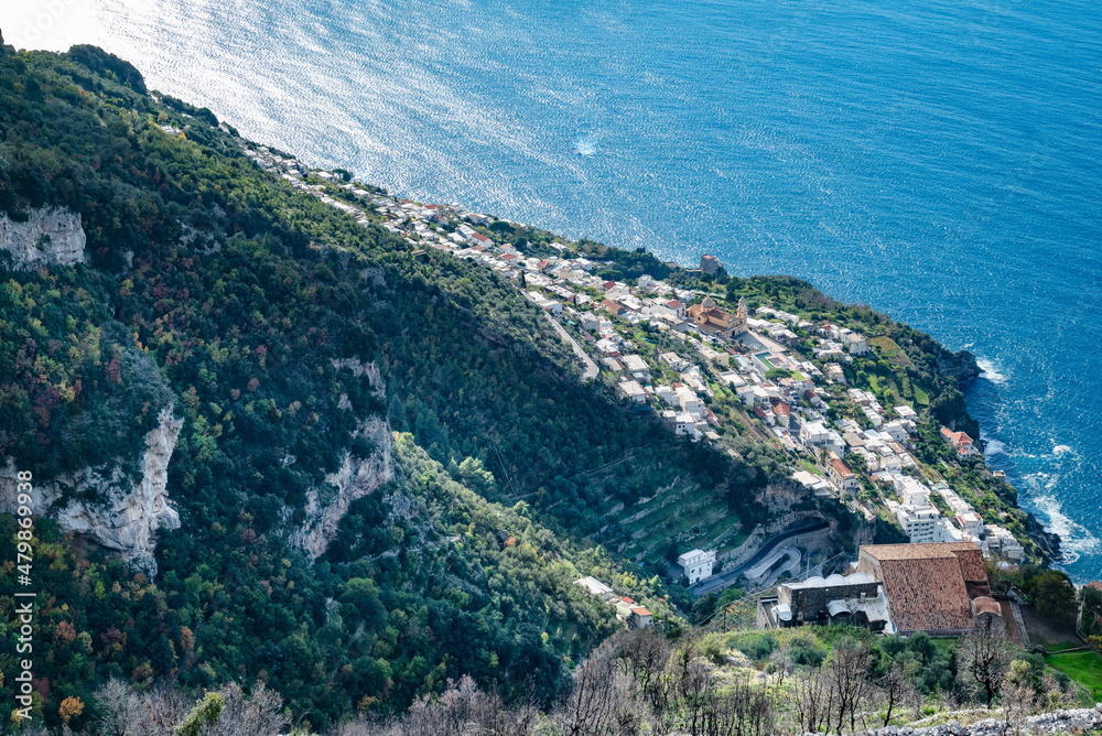The Italian village of Praiano, seen from above, from the Path of the ...