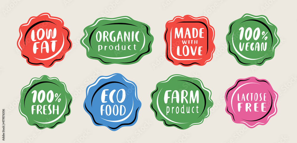 Vector organic labels, emblems for natural products packaging. Fresh ...