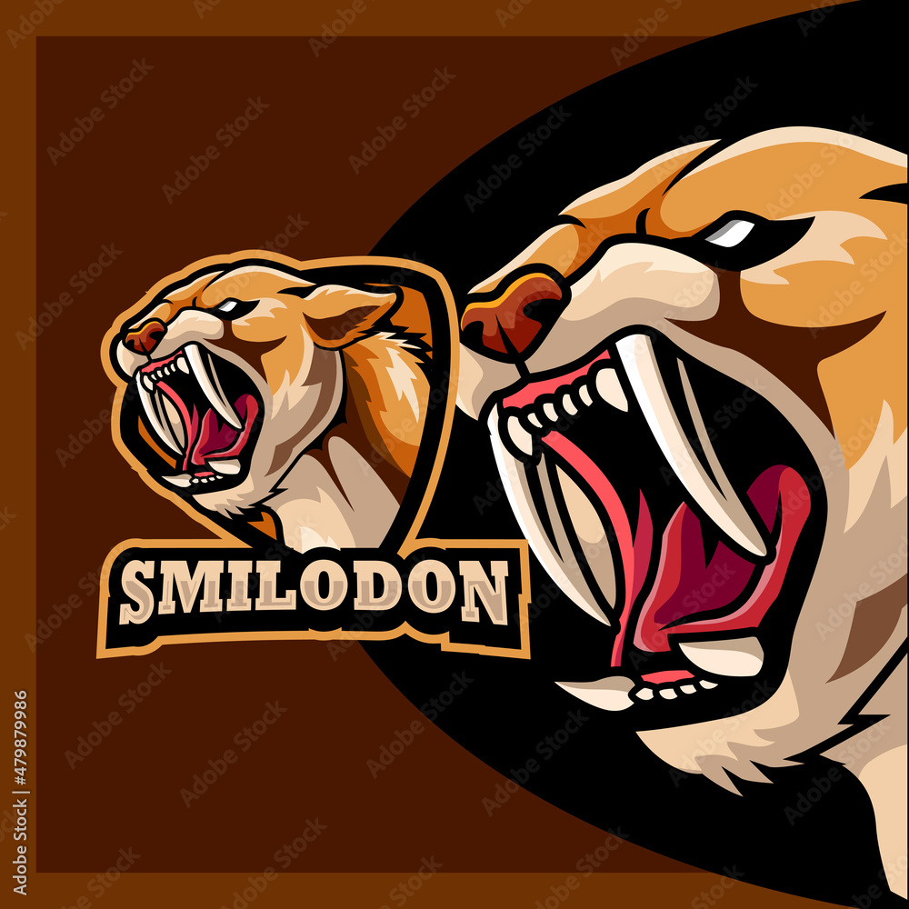 Cartoon smilodon head mascot design template Stock Vector | Adobe Stock