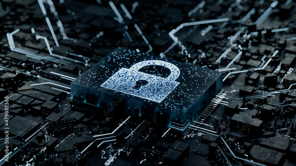 Security Technology Concept With Lock Symbol On A Microchip Data Flows From The Cpu Across A