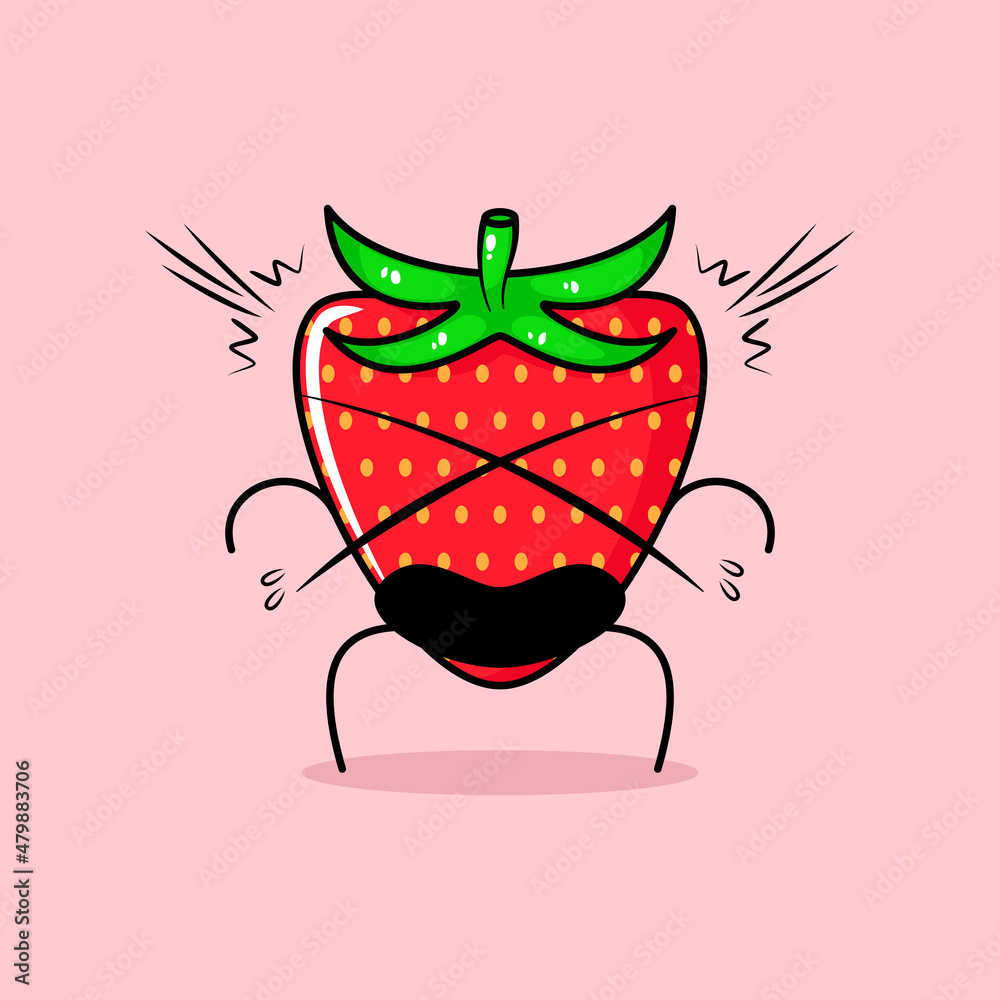 cute strawberry character with shocked expression and mouth open. green ...
