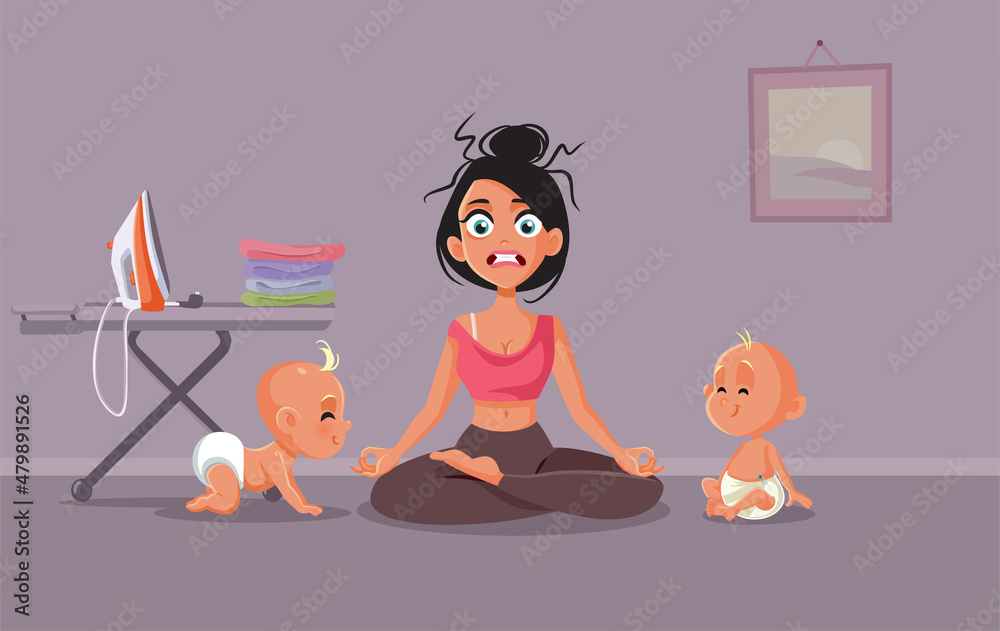 Stressed Mom of Twins Trying to Relax Vector Cartoon Illustration Stock ...