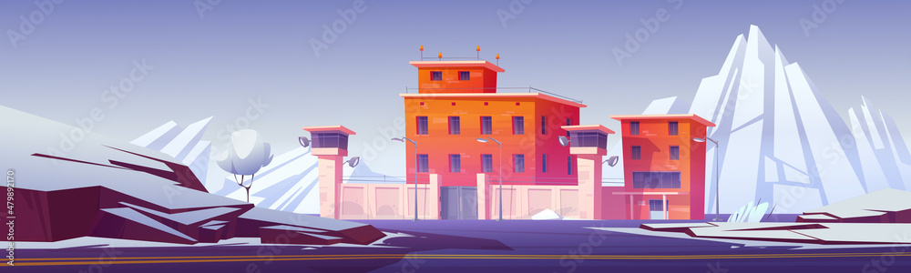 Prison, jail with fence, red brick walls and watchtowers in winter ...