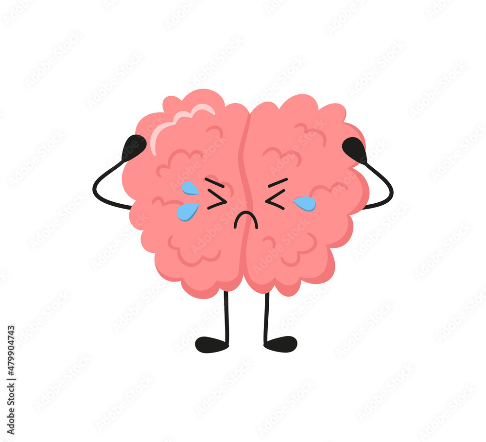 Kawaii sad human brain character. Hand drawn symbols of healthy mind ...