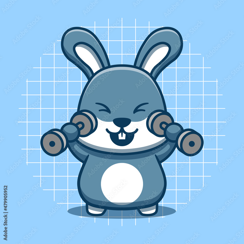 The cute rabbit character mascot is exercising lifting weights. Animal ...