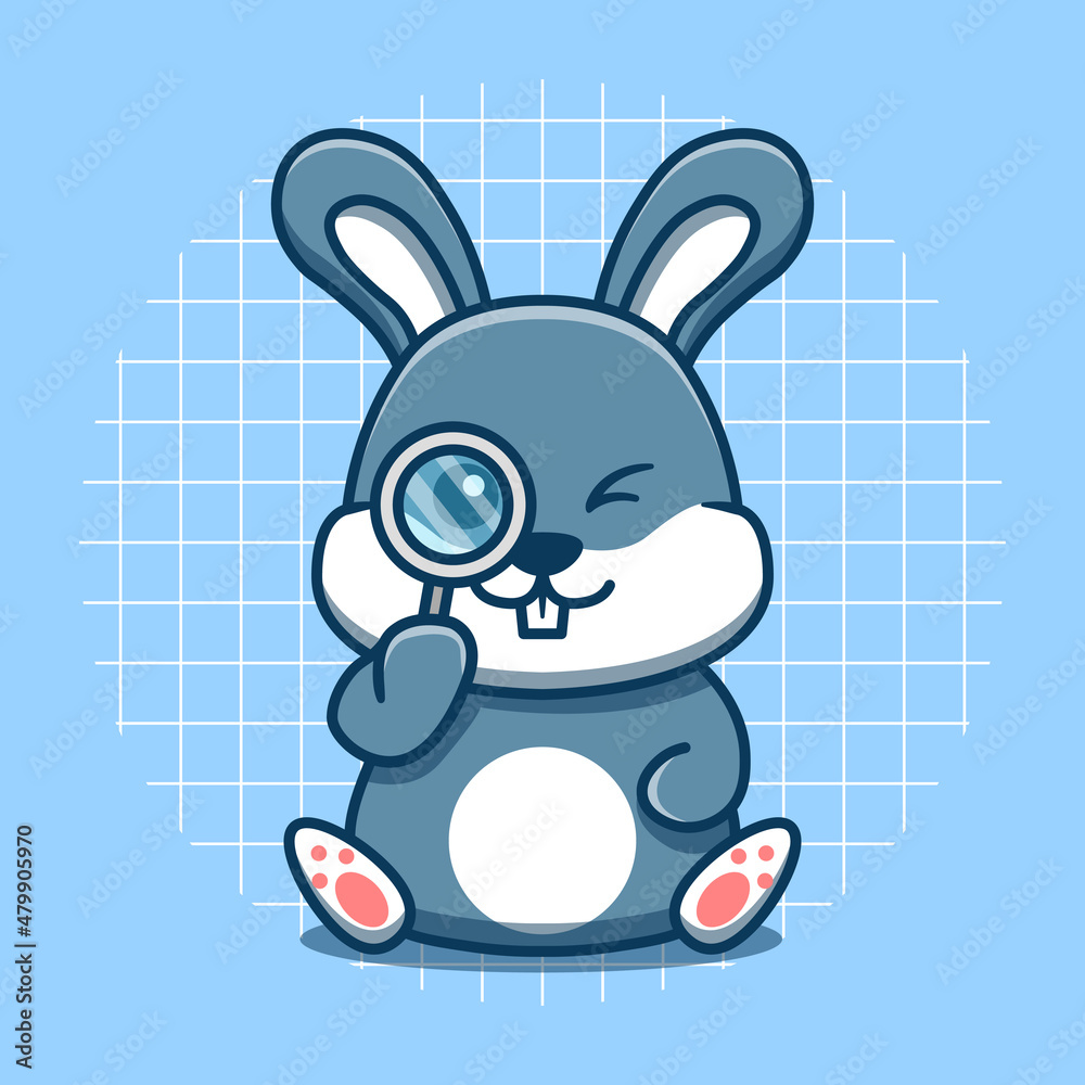 The cute bunny character mascot is looking with a magnifying glass ...