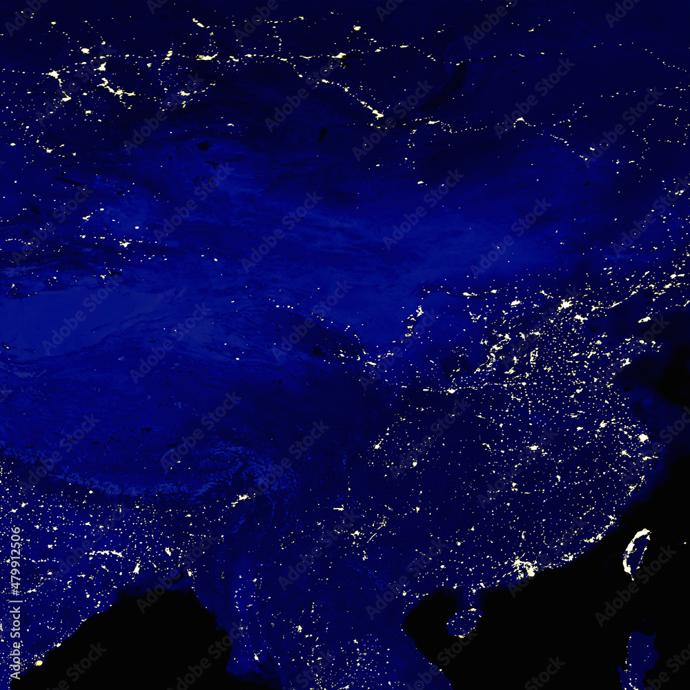 Asian continent electric lights map at night. City lights. Map of China ...