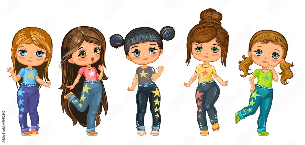 Cute little girl doll. Fun cartoon style. Set of characters in ...