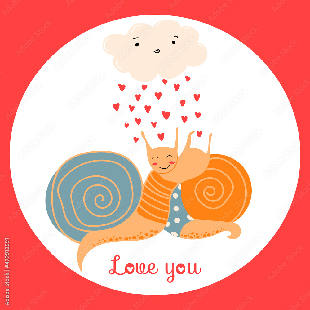 Сute little snails hugging. Cloud with red hearts. Vector Valentine's ...