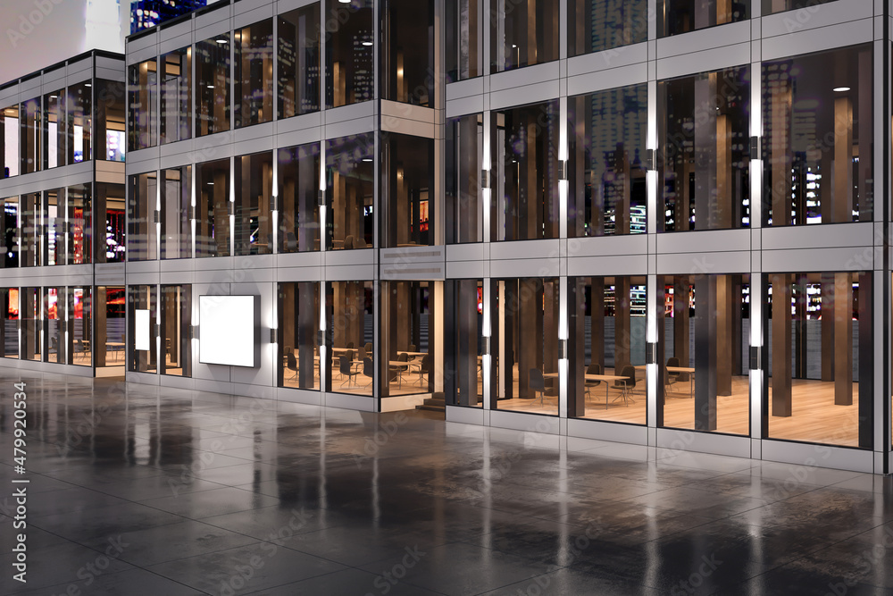 Modern glass store front exterior design with reflections and empty ...