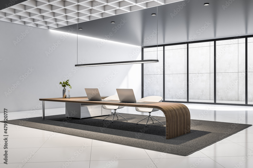 Luxury office interior with window and city view, concrete walls and ...
