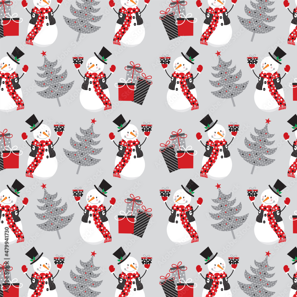 christmas pattern with christmas tree, snowman and presents Stock ...