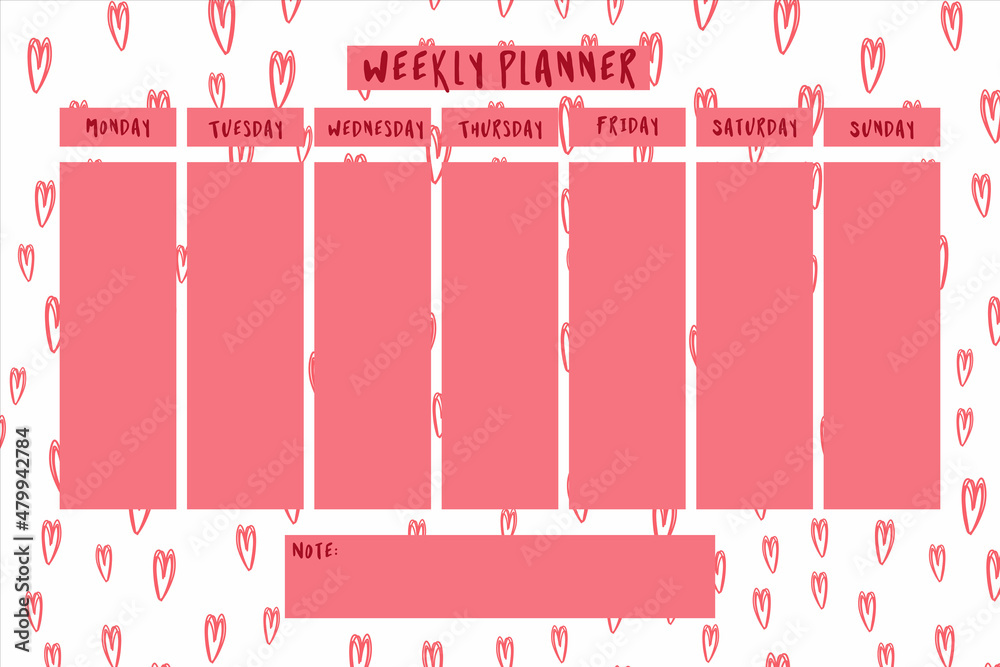 Weekly planner with pink hearts in doodle cartoon style. Vector ...