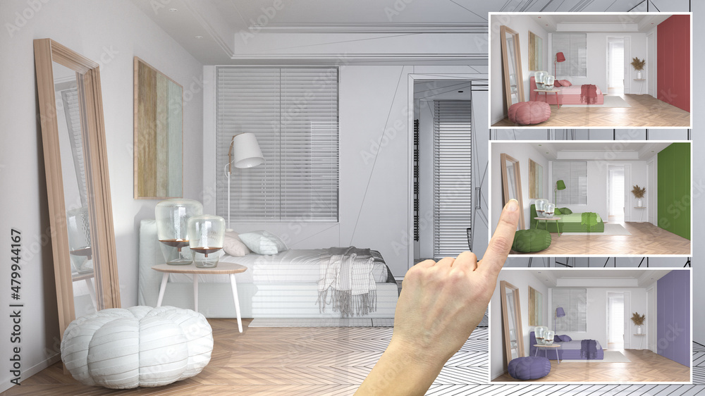 Architect designer concept, hand showing modern bedroom with master bed ...
