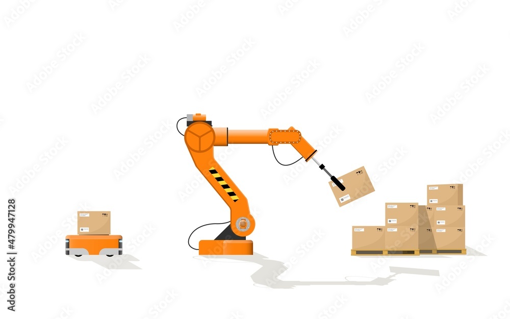 The robot arm picks up the box from the robotic trolley and stacks it ...