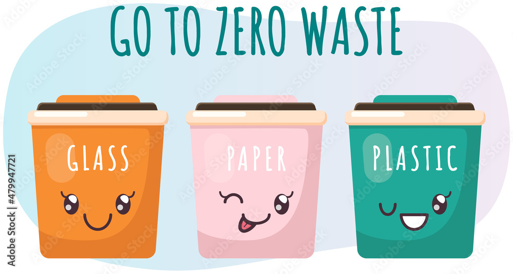 Garbage sorting containers in cute oriental kawaii style. Different ...