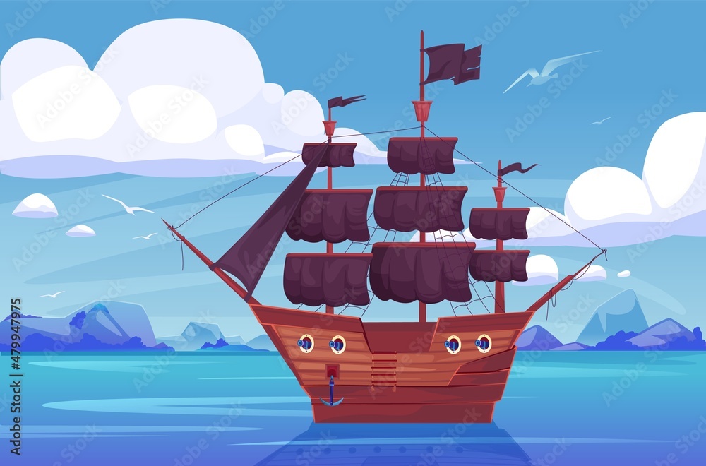 Cartoon pirate ship sailing in sea. Ocean landscape with corsair ...