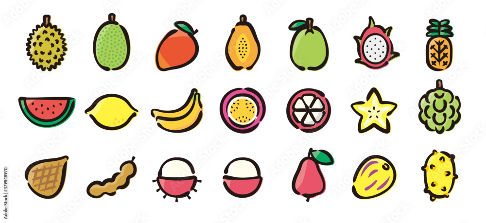 Tropical fruits icon set for graphic (Hand draw color version) Stock ...