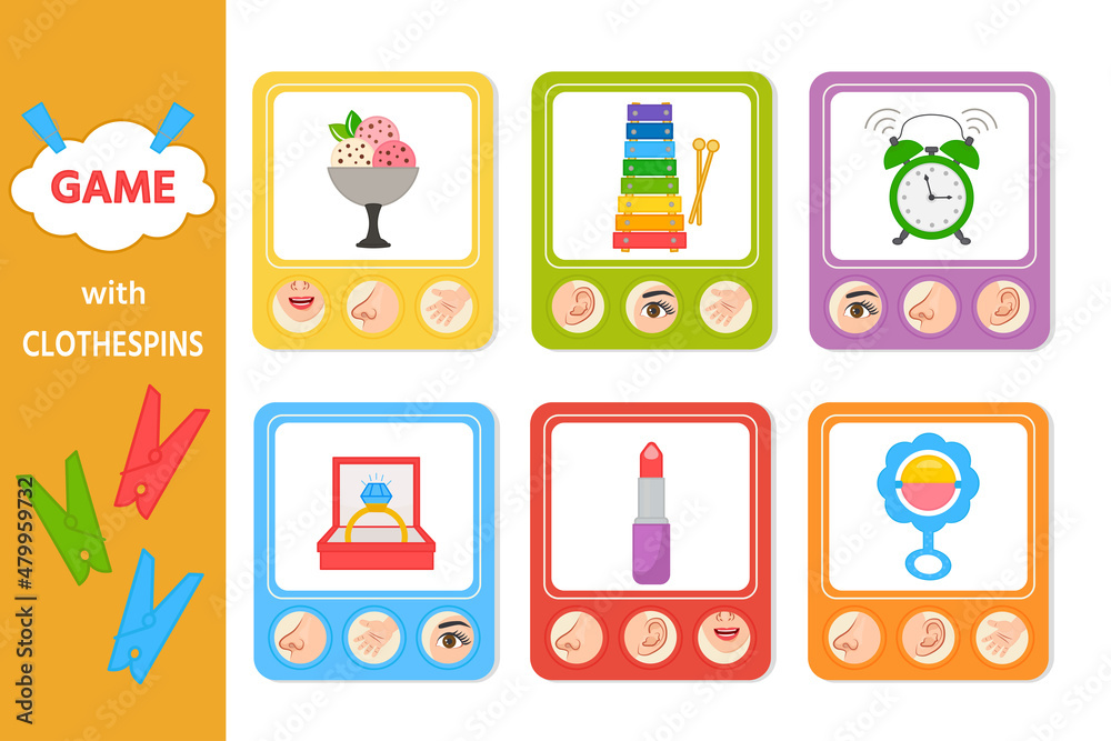 Educational game for children with clothespins. Five senses matching ...