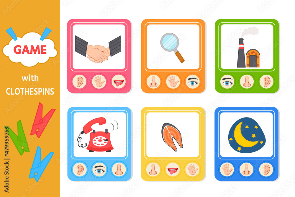Educational game for children with clothespins. Five senses matching ...