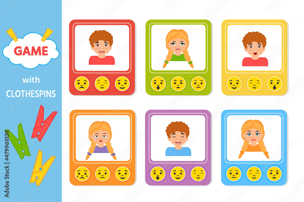 Educational game for kids with clothespins. Match theemotions and face ...