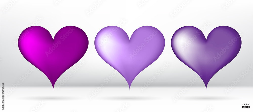 Purple hearts 3D vector collection isolated on white background.Symbol ...