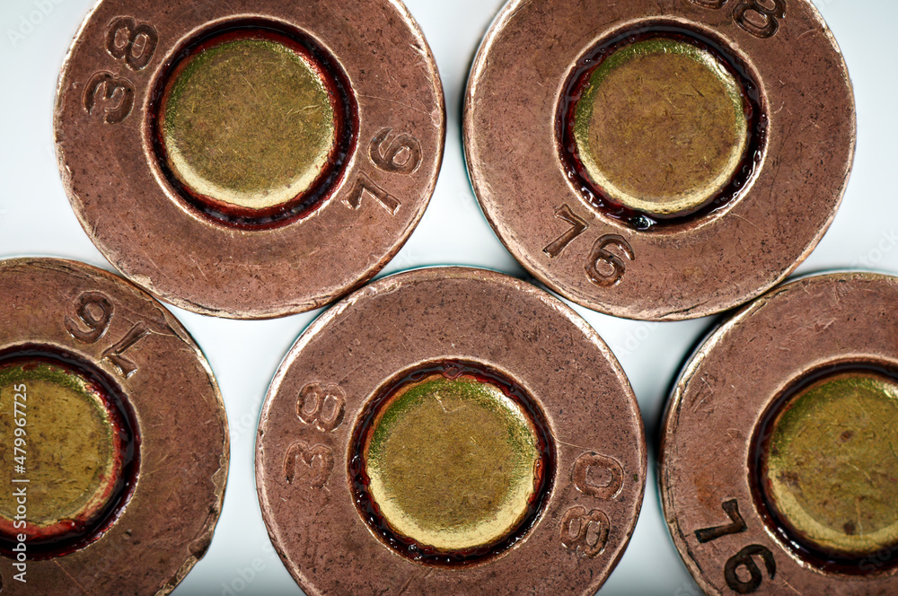 Set of 8 mm pistol centerfire cartridge. Primer, bullet cap. Pistol ...
