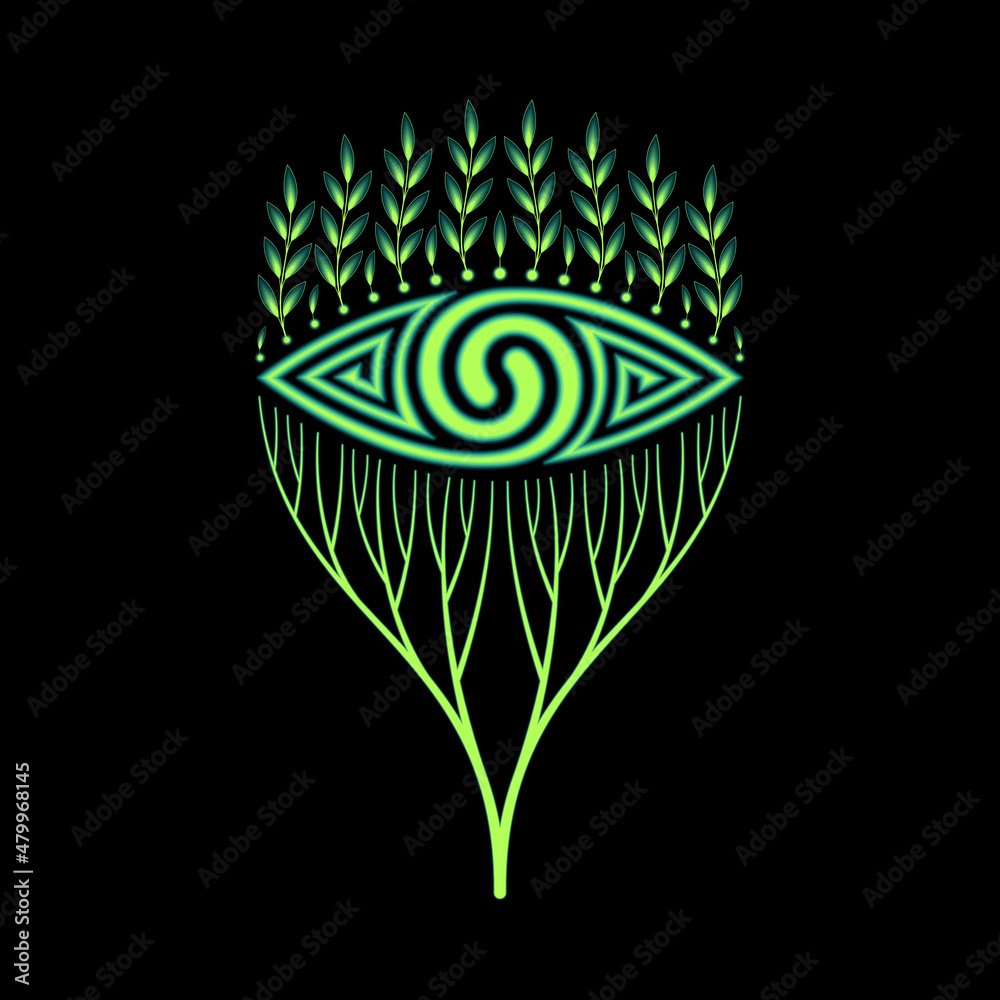 Vector neon psychedelic eye decorated plants and tree. Two spiral and ...