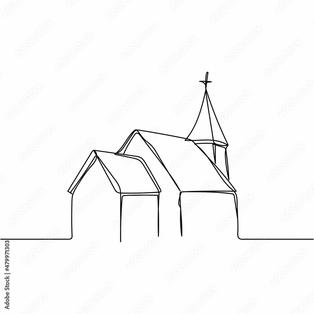 Continuous one simple single abstract line drawing of church icon in ...