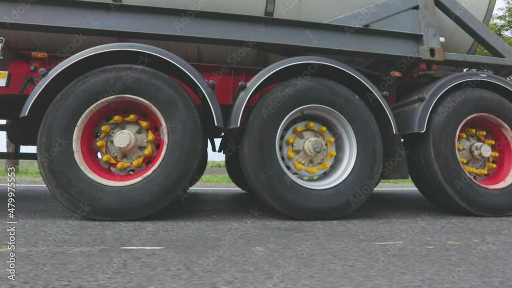 Truck wheels in motion close up. Shooting truck wheels close-up. The ...
