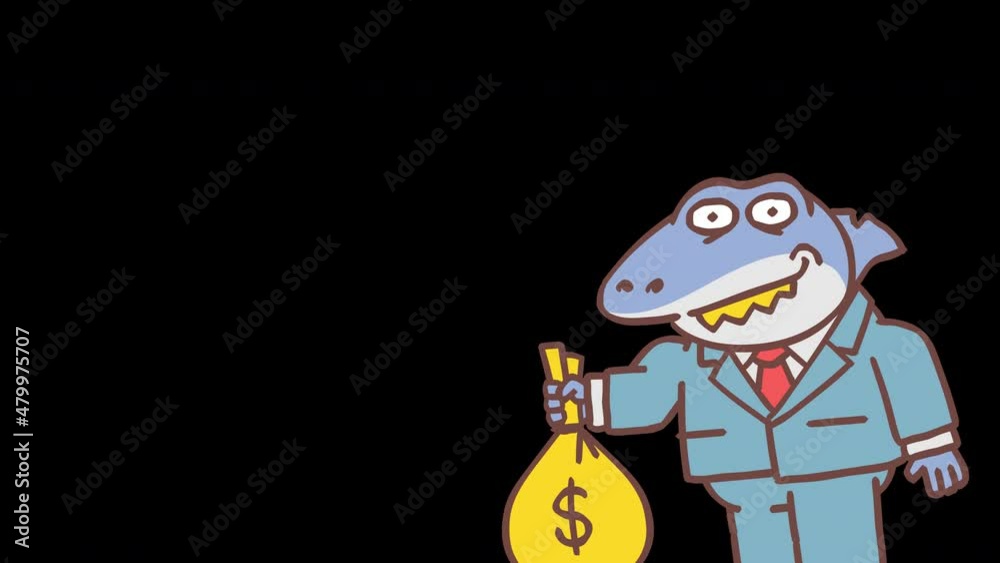 Boss shark appears on screen holding bag of money. Frame by frame ...