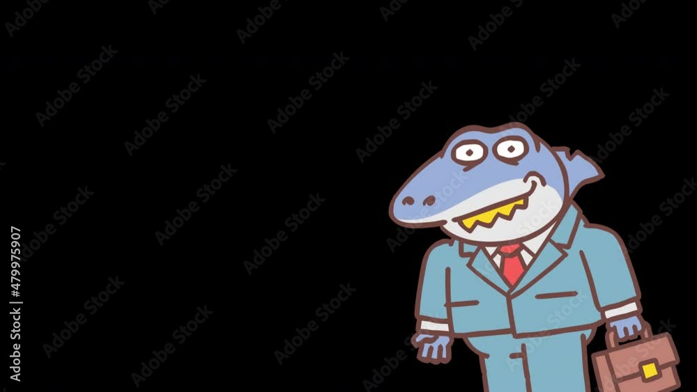 Boss shark appears on screen holds suitcase and points finger at. Frame ...