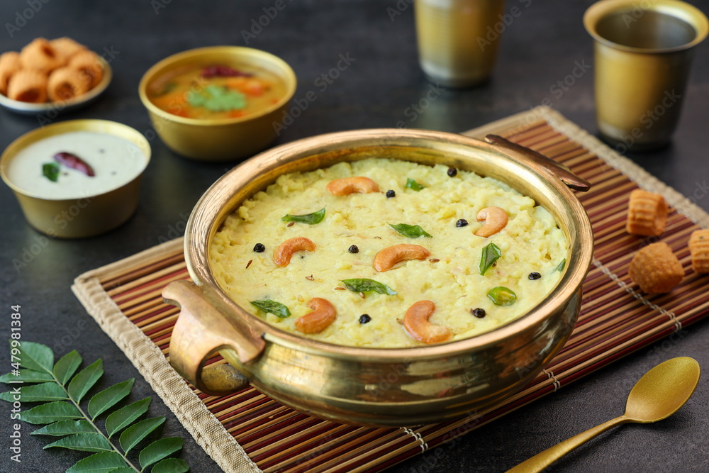 Ven Pongal Khara Pongal with Sambar coconut Chutney popular Indian ...