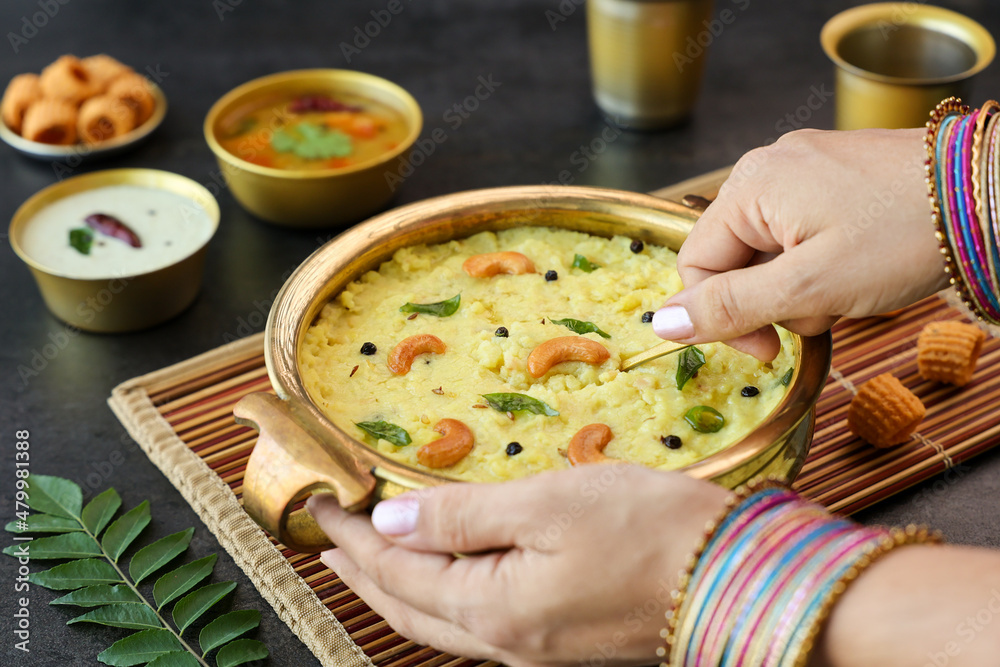 Ven Pongal Khara Pongal Sambar coconut chutney woman hand serving ...