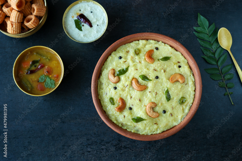 Ven Pongal Khara Pongal with Sambar coconut Chutney popular Indian ...