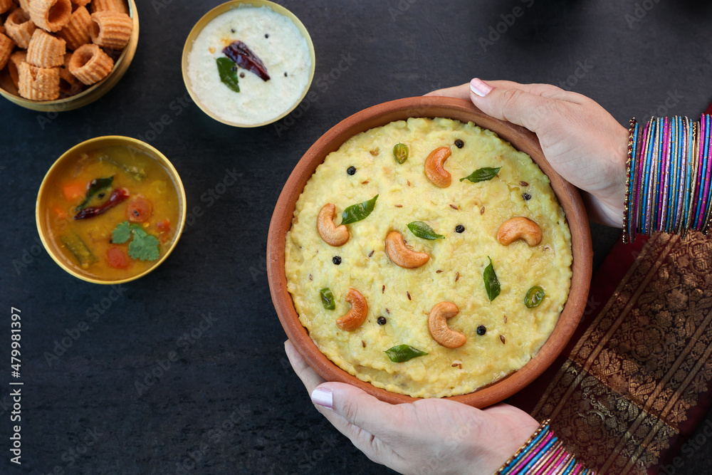 Ven Pongal Khara Pongal Sambar coconut chutney woman hand serving ...